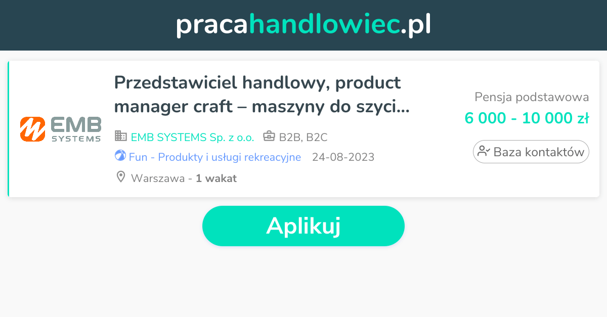 Praca Przedstawiciel handlowy, product manager craft – maszyny do ...